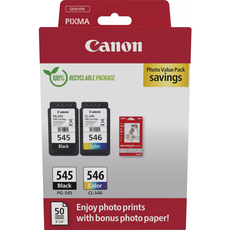 Canon Cartus PG-545 + CL-546 + Hartie foto GP-501 50 de coli Value Pack ...